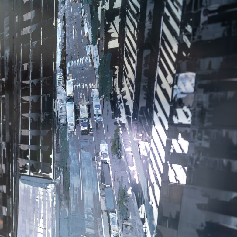 Original New York Street Painting - Towering Perspective by Paul Kenton